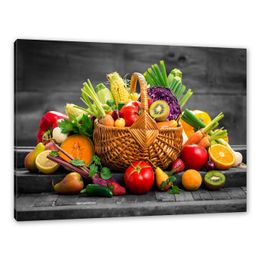 Pixxprint Leinwandbild Frisches Obst und Gemüse im Korb