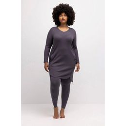 Ulla Popken Schlafanzug Loungewear-Kleid A-Linie V-Ausschnitt Langarm