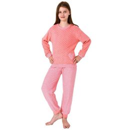 Normann Pyjama Mädchen Frottee Pyjama lang mit Bündchen in Herz- und Streifenoptik