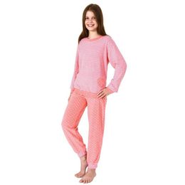 Normann Pyjama Mädchen Frottee Pyjama lang mit Bündchen in Herz- und Streifenoptik