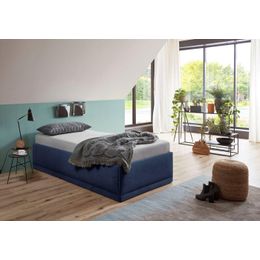 Westfalia Schlafkomfort Polsterbett Texel, Komforthöhe mit Zierkissen, Bettkasten bei Ausführung mit Matratze, blau