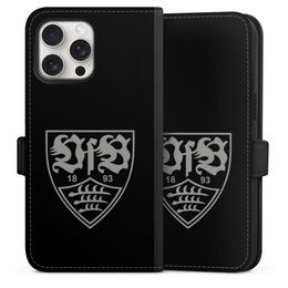 DeinDesign iPhone 15 Pro Max Handy Klapph&uuml;lle Handyh&uuml;lle aus Kunst Leder schwarz Flip Case Official Licensed Product Vfb Stuttgart Logo Sideflip mit Lasche