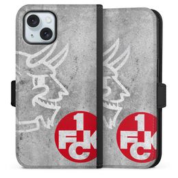 DeinDesign iPhone 15 Handy Klapph&uuml;lle Handyh&uuml;lle aus Kunst Leder schwarz Flip Case 1. Fck Devil 1. Fc Kaiserslautern Sideflip mit Lasche