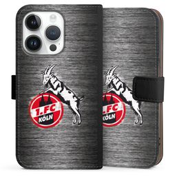 DeinDesign iPhone 14 Pro Handy Klapph&uuml;lle Handyh&uuml;lle aus Kunst Leder schwarz Flip Case Official Licensed Product Metallic Look 1. Fc K&ouml;ln Sideflip mit langer 