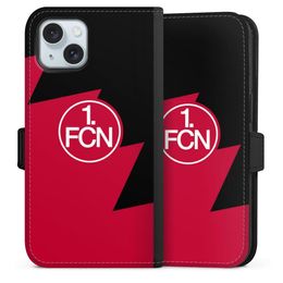 DeinDesign iPhone 15 Handy Klapph&uuml;lle Handyh&uuml;lle aus Kunst Leder schwarz Flip Case 1. Fcn 1. Fc N&uuml;rnberg Merchandise Sideflip mit Lasche