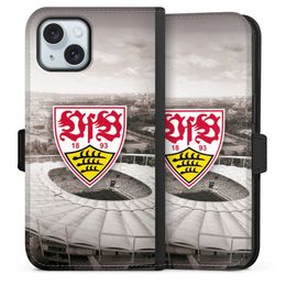 DeinDesign iPhone 15 Handy Klapph&uuml;lle Handyh&uuml;lle aus Kunst Leder schwarz Flip Case Official Licensed Product Vfb Stuttgart Stadium Sideflip mit Lasche