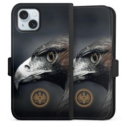 DeinDesign iPhone 15 Handy Klapph&uuml;lle Handyh&uuml;lle aus Kunst Leder schwarz Flip Case Eintracht Frankfurt Eagle Official Licensed Product Sideflip mit Lasche