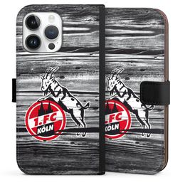 DeinDesign iPhone 14 Pro Max Handy Klapph&uuml;lle Handyh&uuml;lle aus Kunst Leder schwarz Flip Case 1. Fc K&ouml;ln Wooden Look Official Licensed Product Sideflip mit Lasche