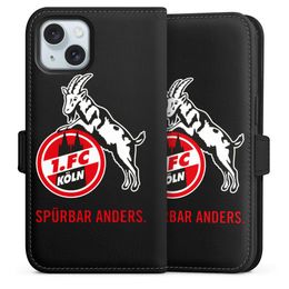 DeinDesign iPhone 15 Handy Klapph&uuml;lle Handyh&uuml;lle aus Kunst Leder schwarz Flip Case Official Licensed Product Transparent 1. Fc K&ouml;ln Sideflip mit Lasche