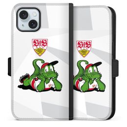 DeinDesign iPhone 15 Handy Klapph&uuml;lle Handyh&uuml;lle aus Kunst Leder schwarz Flip Case Vfb Stuttgart Mascot Official Licensed Product Sideflip mit Lasche