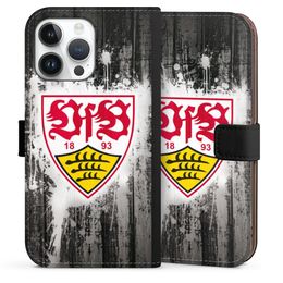 DeinDesign iPhone 14 Pro Max Handy Klapph&uuml;lle Handyh&uuml;lle aus Kunst Leder schwarz Flip Case Official Licensed Product Vfb Stuttgart Bundesliga Sideflip mit Lasche
