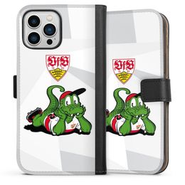 DeinDesign iPhone 13 Pro Max Handy Klapph&uuml;lle Handyh&uuml;lle aus Kunst Leder schwarz Flip Case Vfb Stuttgart Mascot Official Licensed Product Sideflip mit langer 