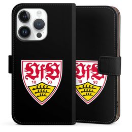DeinDesign iPhone 14 Pro Handy Klapph&uuml;lle Handyh&uuml;lle aus Kunst Leder schwarz Flip Case Vfb Stuttgart Coat Of Arms Official Licensed Product Sideflip mit langer 