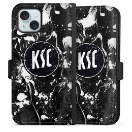 DeinDesign iPhone 15 Handy Klapph&uuml;lle Handyh&uuml;lle aus Kunst Leder schwarz Flip Case Karlsruher Sc Ksc Official Licensed Product Sideflip mit Lasche