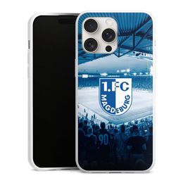 DeinDesign iPhone 15 Pro Max Handy Silikon H&uuml;lle Case wei&szlig; Handyh&uuml;lle Stadium 1. Fcm 1. Fc Magdeburg Silikon Case