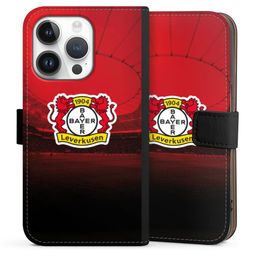 DeinDesign iPhone 14 Pro Handy Klapph&uuml;lle Handyh&uuml;lle aus Kunst Leder schwarz Flip Case Bayer 04 Leverkusen Official Licensed Product Stadium Sideflip mit langer 