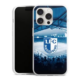 DeinDesign iPhone 15 Pro Handy Silikon H&uuml;lle Case wei&szlig; Handyh&uuml;lle Stadium 1. Fcm 1. Fc Magdeburg Silikon Case