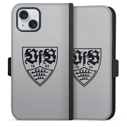 DeinDesign iPhone 15 Handy Klapph&uuml;lle Handyh&uuml;lle aus Kunst Leder schwarz Flip Case Logo Official Licensed Product Vfb Stuttgart Sideflip mit Lasche