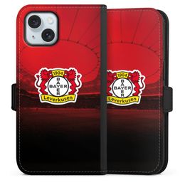 DeinDesign iPhone 15 Handy Klapph&uuml;lle Handyh&uuml;lle aus Kunst Leder schwarz Flip Case Bayer 04 Leverkusen Official Licensed Product Stadium Sideflip mit Lasche
