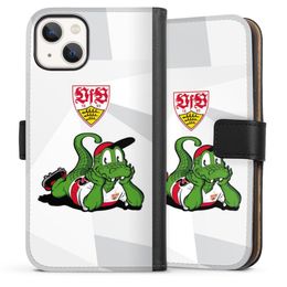 DeinDesign iPhone 13 Handy Klapph&uuml;lle Handyh&uuml;lle aus Kunst Leder schwarz Flip Case Vfb Stuttgart Mascot Official Licensed Product Sideflip mit Lasche