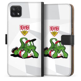 DeinDesign Galaxy A22 5G Handy Klapph&uuml;lle Handyh&uuml;lle aus Kunst Leder schwarz Flip Case Vfb Stuttgart Official Licensed Product Mascot Sideflip mit langer Lasche