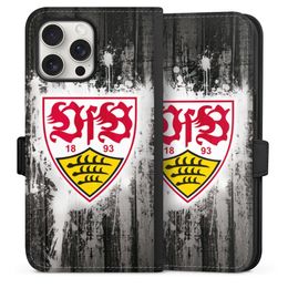DeinDesign iPhone 15 Pro Max Handy Klapph&uuml;lle Handyh&uuml;lle aus Kunst Leder schwarz Flip Case Official Licensed Product Vfb Stuttgart Bundesliga Sideflip mit Lasche