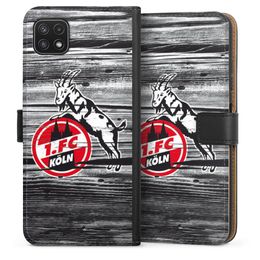 DeinDesign Galaxy A22 5G Handy Klapph&uuml;lle Handyh&uuml;lle aus Kunst Leder schwarz Flip Case 1. Fc K&ouml;ln Official Licensed Product Wooden Look Sideflip mit langer 