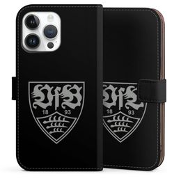 DeinDesign iPhone 14 Pro Max Handy Klapph&uuml;lle Handyh&uuml;lle aus Kunst Leder schwarz Flip Case Official Licensed Product Vfb Stuttgart Logo Sideflip mit Lasche
