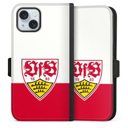 DeinDesign iPhone 15 Handy Klapph&uuml;lle Handyh&uuml;lle aus Kunst Leder schwarz Flip Case Vfb Stuttgart Logo Official Licensed Product Sideflip mit Lasche