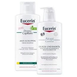 Eucerin DermoCapillaire Urea Kopfhautberuhigendes Shampoo und Eucerin AtopiControl Dusch- und Badeö