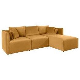 Ecksofa Andas "Nöre L-Form" Sofas Gr. B/H/T: 262cm x 74cm x 172cm, Samtoptik, Inklusive 4 Zierkissen, Ottomane rechts, goldfarben Sofas 3 Teile, in vielen Bezugsqualitäten und Farben. S. auch "Nöre"