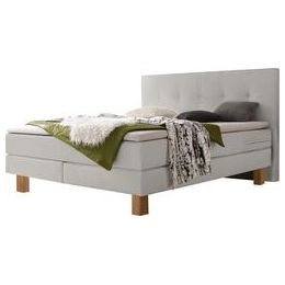 Boxspringbett Hasena "Lodge" Komplettbetten Gr. Flachgewebe Massivholz Matratze H3, mit Topper Superio, Liegekomfort soft, Liegefläche B/L: 140 cm x 200 cm, H3, Tonnentaschen-Federkernmatratze, grau (grau, eiche bianco) Boxspringbett Boxspringbett, Eichenfüsse, straffe Bezüge, gestepptes Kopfteil