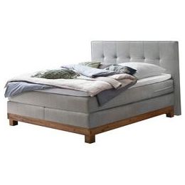 Boxspringbett Hasena "Finca" Komplettbetten Gr. Flachgewebe Massivholz Matratze H3, mit Topper Agrea, Liegekomfort medium, Liegefläche B/L: 140cm x 200cm, H3, Tonnentaschen-Federkernmatratze, grau (grau/wildeiche natur) Boxspringbett mit Punktstepung im Kopfteil, Unterbau in Wildeiche, Federkernmatratze