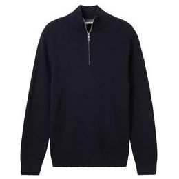 Tom Tailor Herren Strickpullover mit Troyer Kragen, blau, Melange Optik, Gr. XXXL