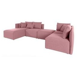 Wohnlandschaft Andas "Nöre U-Form" Sofas Gr. B/H/T: 340cm x 74cm x 172cm, Struktur fein, Ottomane links, Inklusive Zierkissen, rosa (rosé) 5 Teile, in vielen Bezugsqualitäten und Farben s. auch "Nöre"