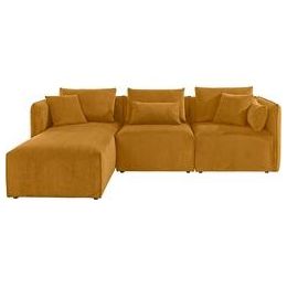 Ecksofa Andas "Nöre L-Form" Sofas Gr. B/H/T: 262cm x 74cm x 172cm, Samtcord, Inklusive 4 Zierkissen, Ottomane links, gelb (curry) Sofas 3 Teile, in vielen Bezugsqualitäten und Farben. S. auch "Nöre"