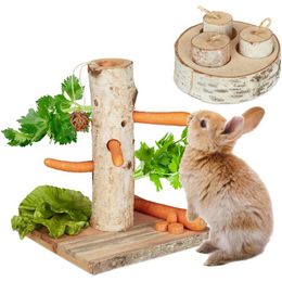 Relaxdays - Kaninchen Spielzeug, 2tlg. Set, Nagerbaum & Intelligenzspielzeug, Holz, Zubehör Meerschweinchen, Hasen, natur