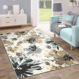 Designer Teppich Modern Wohnzimmer Blumen Muster Pastell Töne In Grün Blau Creme 70x140 cm - Paco Home