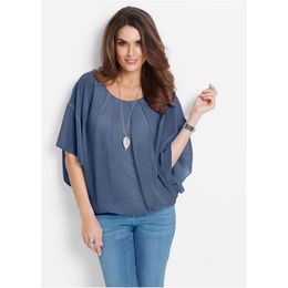 bonprix Chiffonbluse mit Untertop, blau, Gr.38, festliche Chiffonbluse mit Fledermaus&auml;rmeln und elastischem Bund
