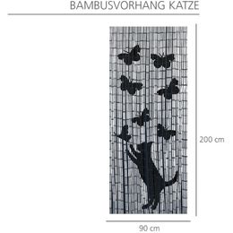 Wenko - Bambusvorhang, Türvorhang mit Motiv, Katze und Schmetterlinge, Dekovorhang, Sichtschutz, Insektenschutz, Indoor und Outdoor, Handarbeit,