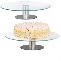 Relaxdays 2er Set drehbare Tortenteller mit Standfuß, Glasplatte zum Dekorieren, Tortenständer für Kuchen, ø 30 cm, transparent