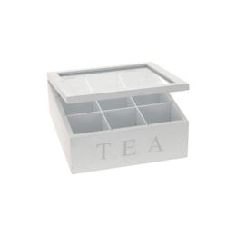 INDA-EXCLUSIV Uhrenbox Teebox Holz Weiß Deckel 9-Fächer mit Aufschrift TEA