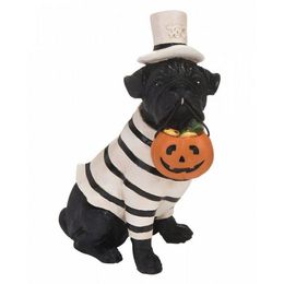 Horror-Shop Dekoobjekt Verkleideter Halloween Mops mit Kürbis Eimerchen 1