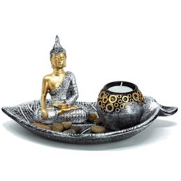 MF Buddhafigur Elegantes Buddha Set mit Teelichthalter Schale in Blattform