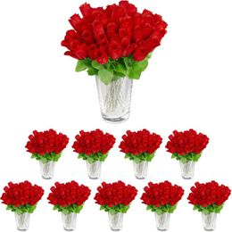 Relaxdays 480 x Kunstrosen rot, Kunstblumen, künstliche Dekoblumen, mit Stiel und Blättern, rote Köpfe, Dekopflanzen, h: 26cm, red