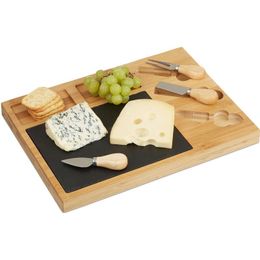 Relaxdays - Käsebrett Set, Bambus Käseplatte unterteilt, 3 Käsemesser, Schieferplatte, HxBxT: 3 x 40 x 30 cm, natur