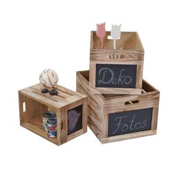 3er Set Holzkiste MCW-E11, Aufbewahrungsbox mit Tafel, Shabby-Look ~ naturbraun