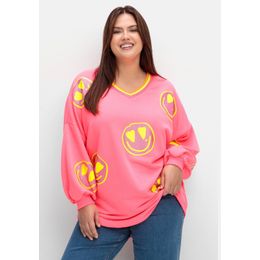 sheego loves miss goodlife Große Größen: Sweatshirt mit Smileyprint und Glitzersteinen, pink, Gr.42