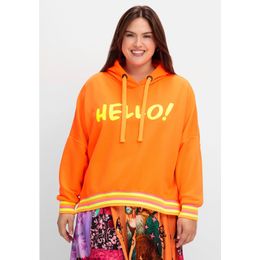 sheego loves miss goodlife Neon-Kapuzensweatshirt mit Wordingprint, orange, Gr.42