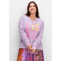 sheego loves miss goodlife Große Größen: Sweatshirt mit Neonprint und V-Ausschnitt, flieder, Gr.44